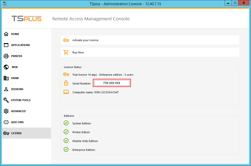 Cómo consultar el número de serie de su producto -V12 - TSplus ESPAÑA