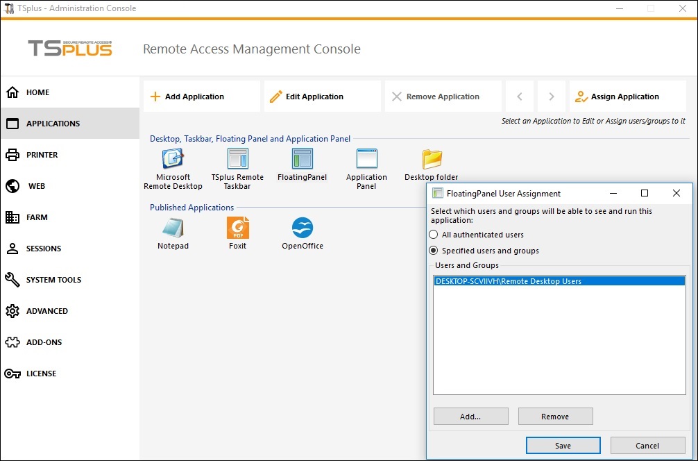 Panel Flotante y Panel de Aplicaciones - : TSplus ESPAÑA
