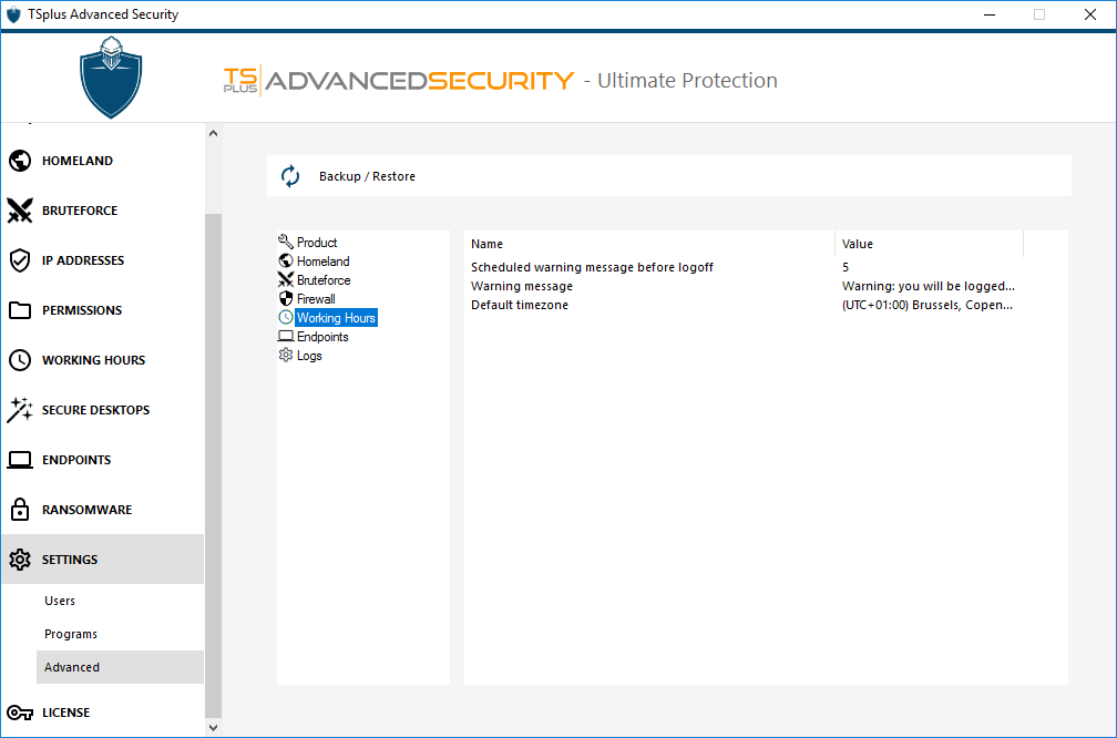 Configuración Avanzada => Working Hours - : TSplus ESPAÑA